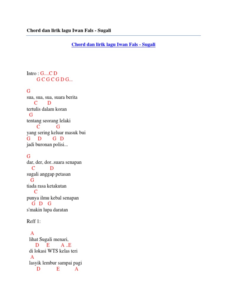 Chord Dan Lirik Lagu Iwan Fals - Sugali | PDF