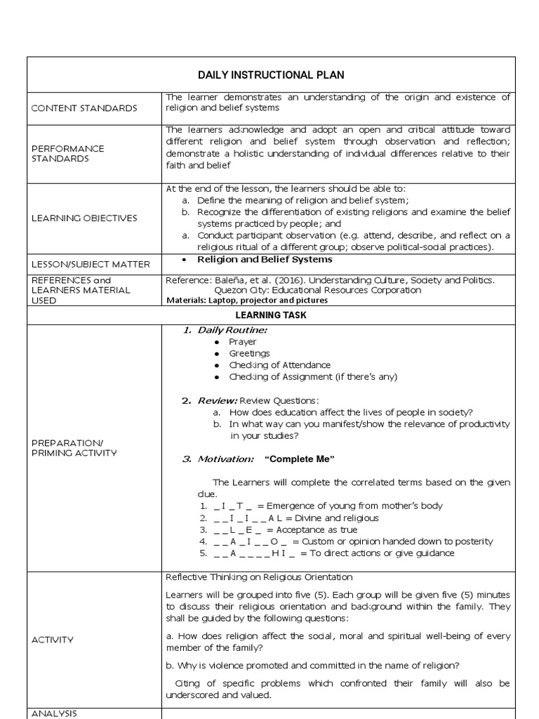 Daily Instructional Plan | PDF | Polytheism | Monotheism