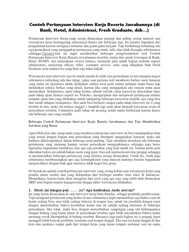 Contoh Pertanyaan Interview Kerja Beserta Jawaban | PDF