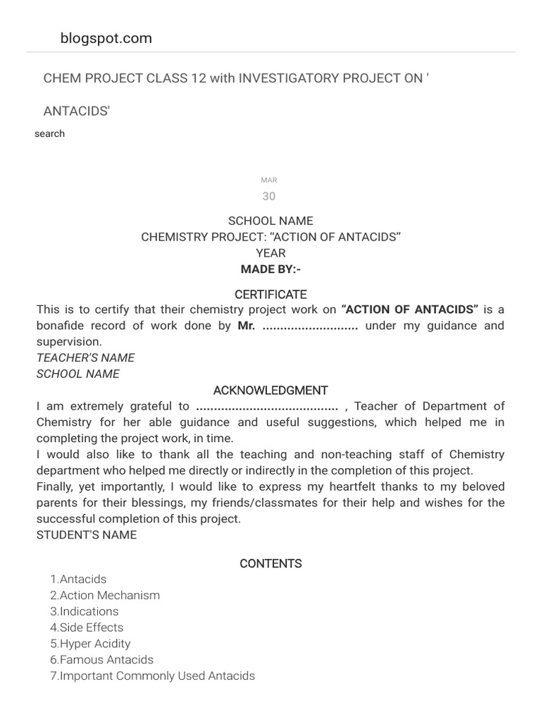CHEM PROJECT CLASS 12 With INVESTIGATORY PROJECT ON ' ANTACIDS' PDF ...