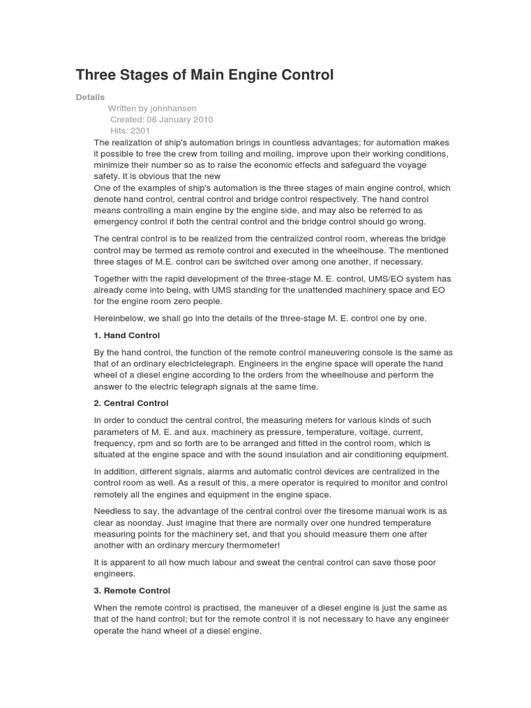 Three Stages of Main Engine Control | PDF | Servomechanism | Automation