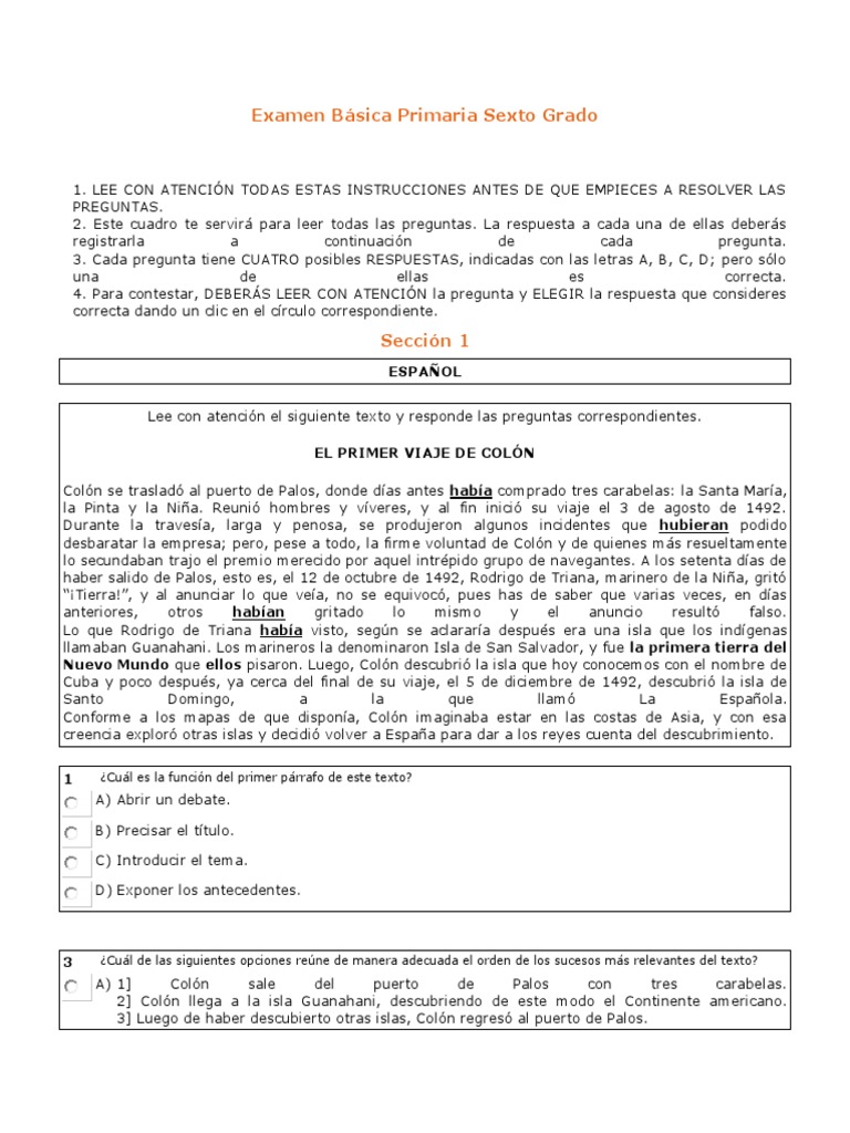 Enlace Examen Basica Primaria Sexto Grado PDF | PDF