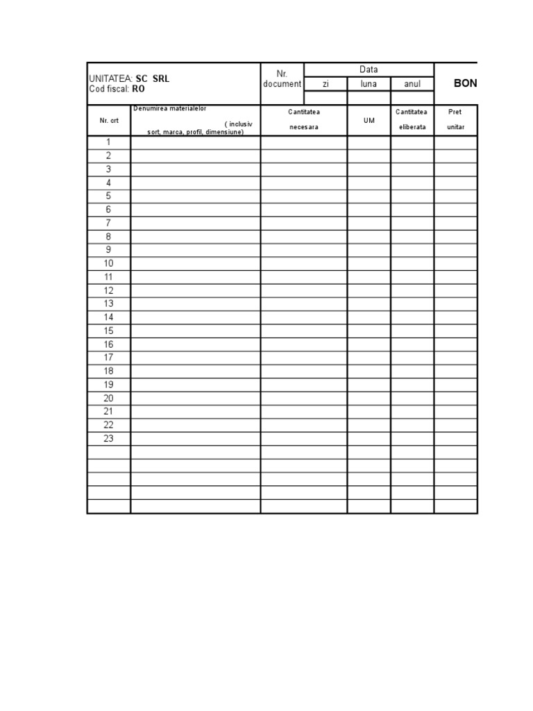 Bon de Consum Model Excel | PDF