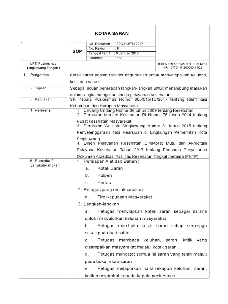 Prosedur Kotak Saran Puskesmas Singkawang | PDF | Karier & Perkembangan