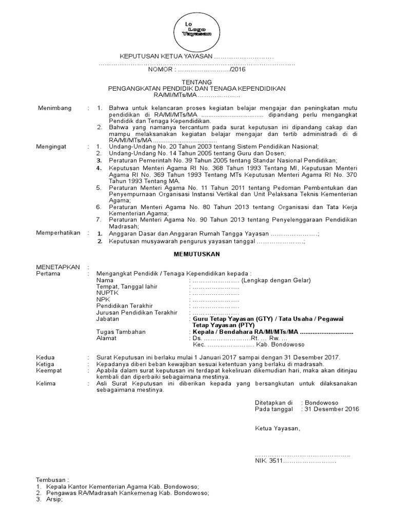 Contoh SK Pengangkatan Pendidik Dan Tenaga Kependidikan Revisi | PDF