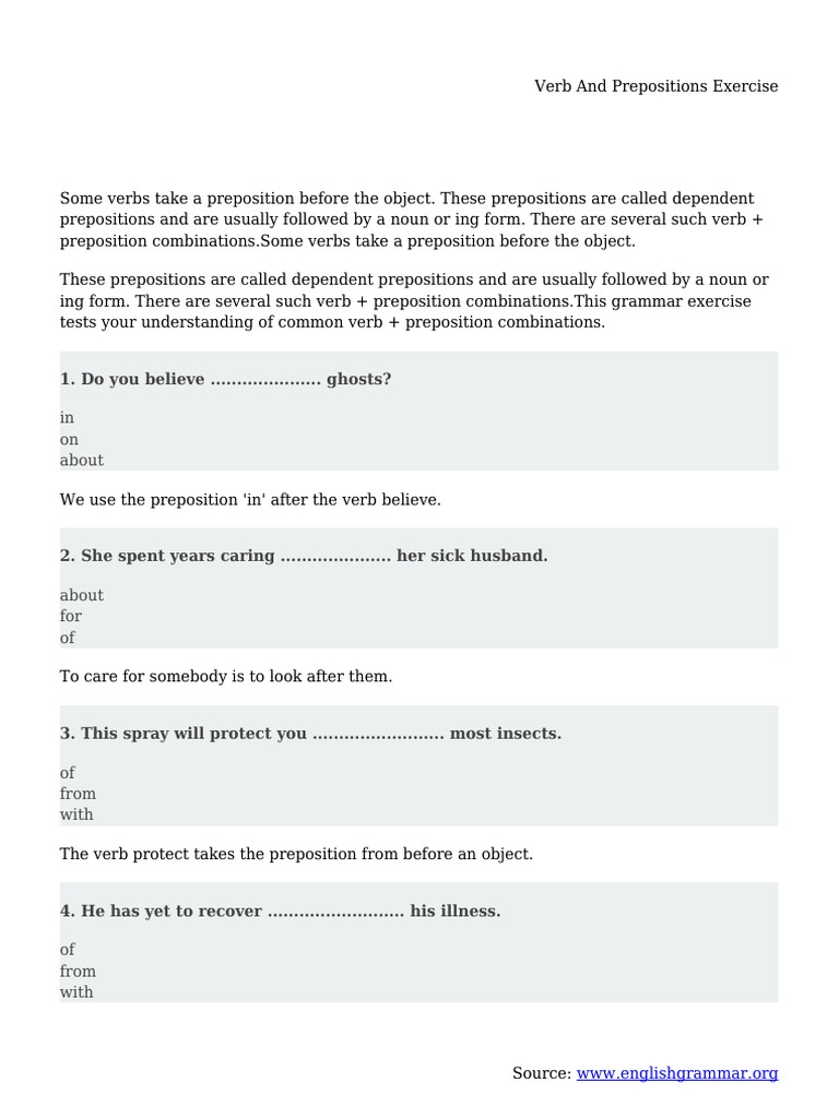 Verb and Prepositions Exercise | PDF | Object (Grammar) | Preposition ...