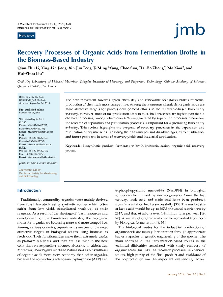 Recovery Processes of Organic Acids From Fermentation Broths in | PDF ...
