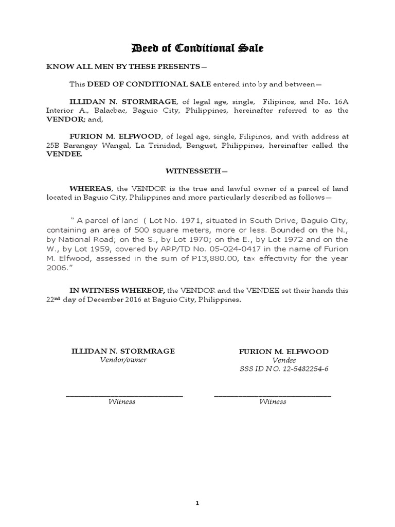 Deed of Conditional Sale: Vendor/owner Vendee SSS ID NO. 12-5482254-6 ...