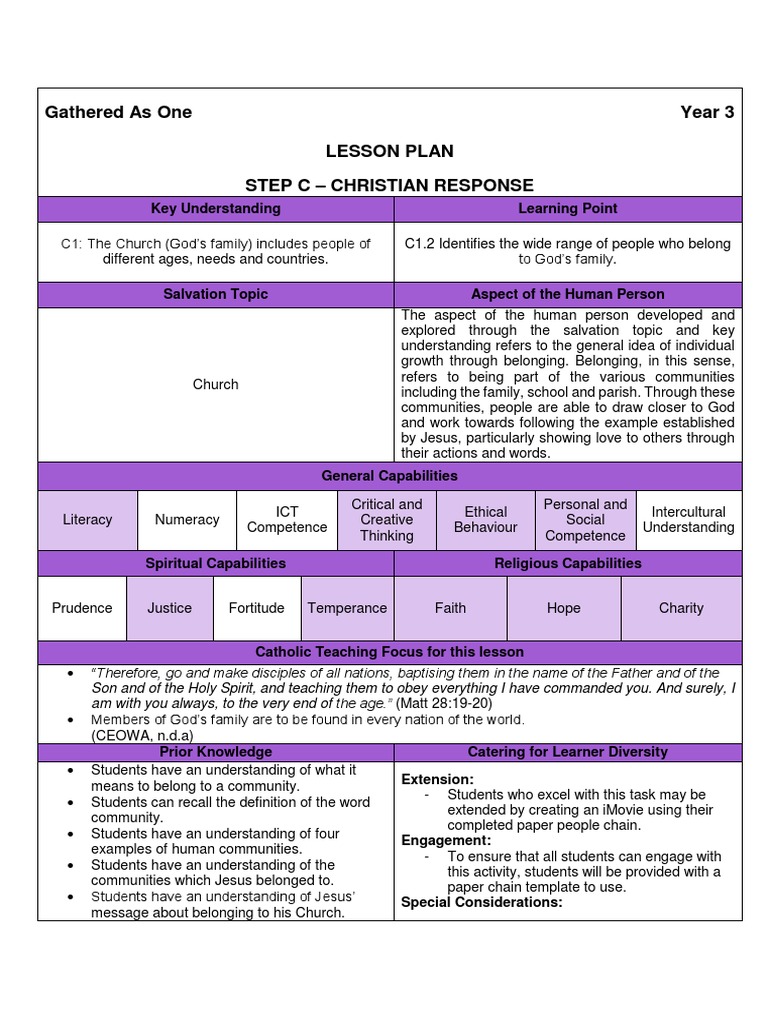 Gathered As One Year 3 Lesson Plan Step C - Christian Response | PDF ...