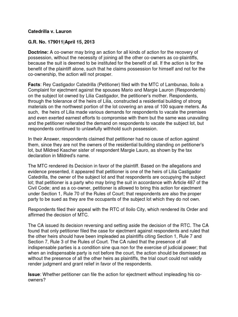 Co-owner's Right to File Ejectment Action | PDF | Lawsuit | Justice