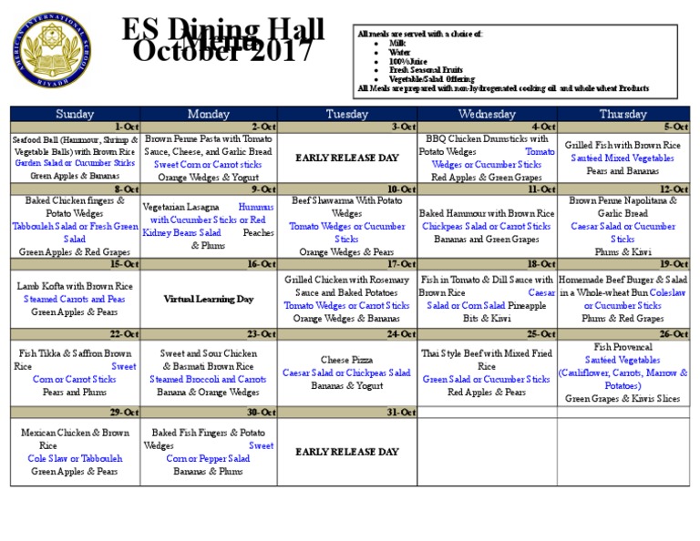 ES Dining Hall Menu - October 2017 | PDF | Coleslaw | Salad
