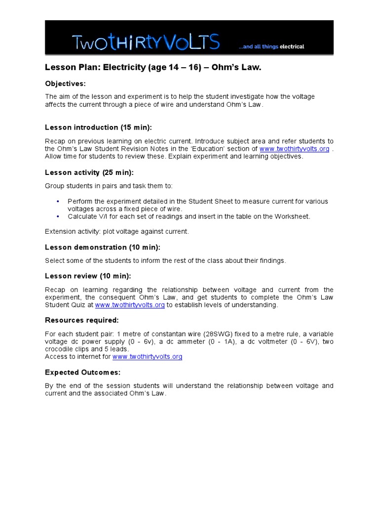 Ohms Law 14to16 Lesson-Plan | PDF | Voltage | Electric Current