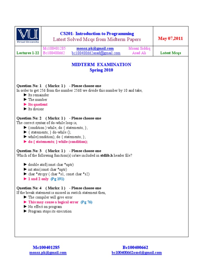 CS201 Midterm Solved Mcqs With by Moaaz and Asad | PDF | C (Programming ... CS201 Midterm Solved Mcqs With by Moaaz and Asad | PDF | C (Programming ...