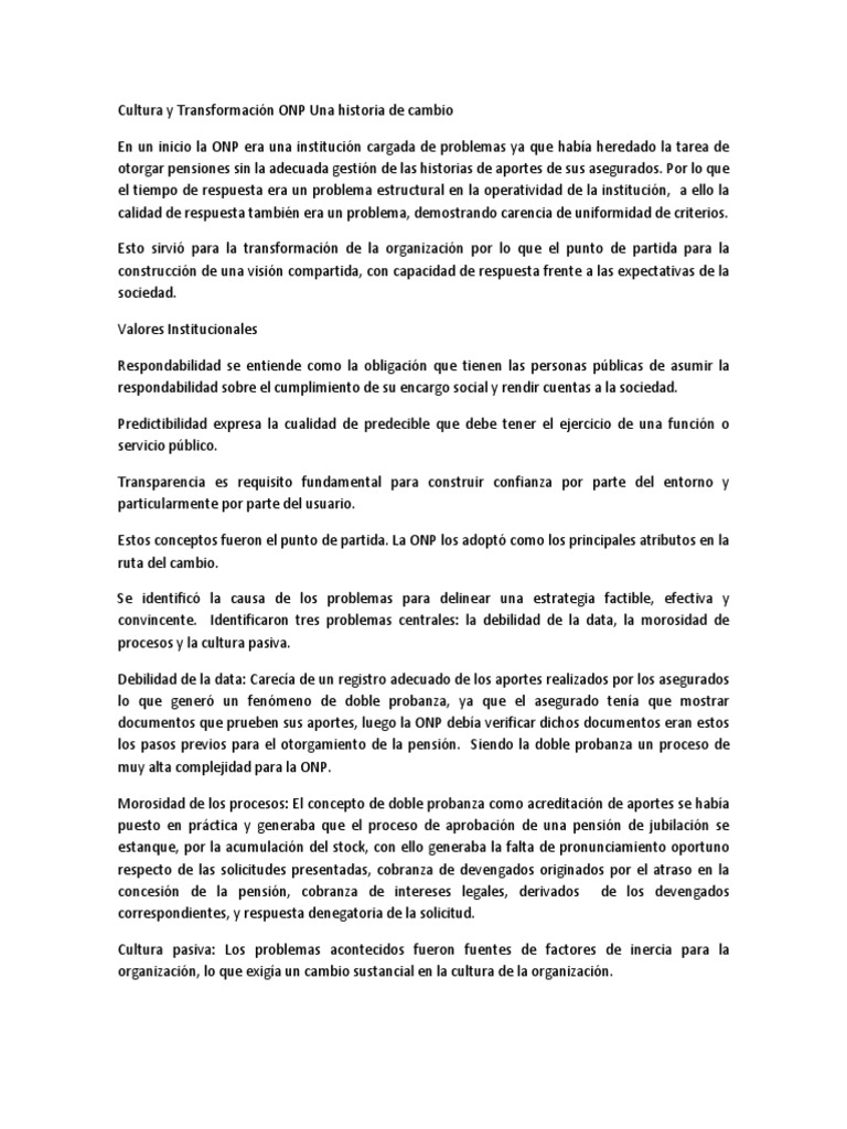 Cultura y Transformación ONP Una Historia de Cambio | PDF | Cultura organizacional | Calidad ...
