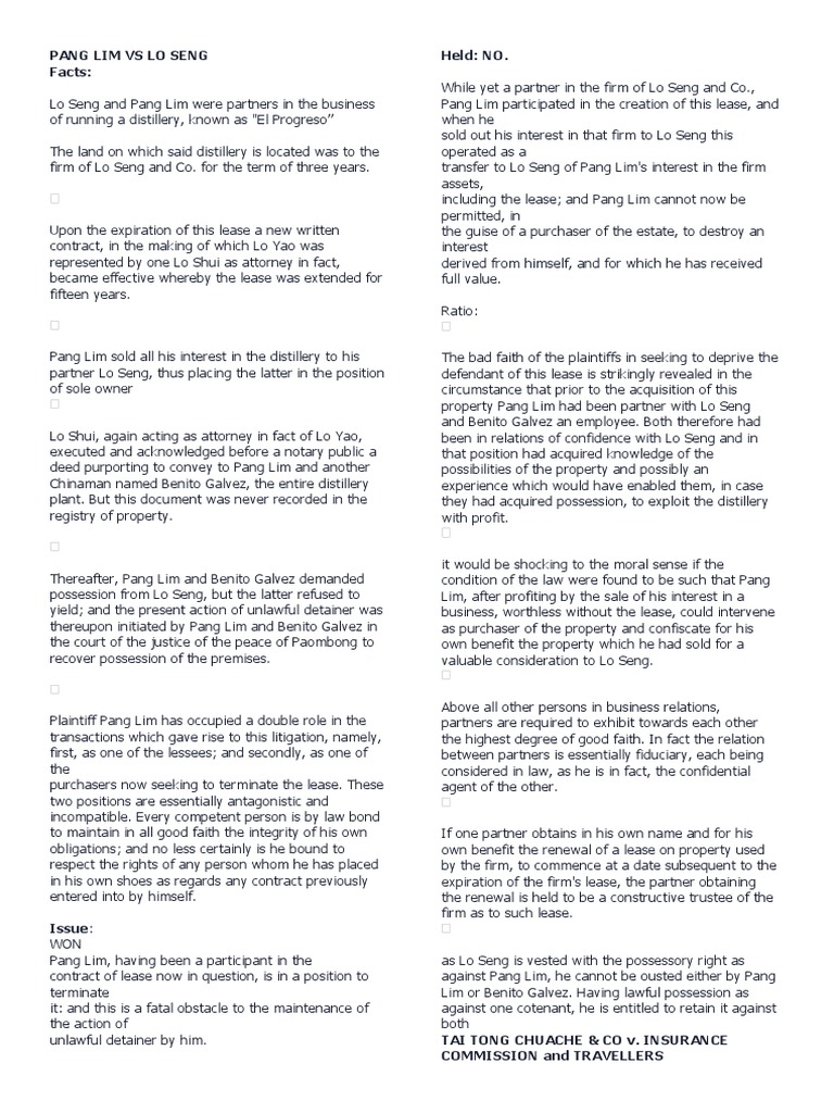 Pang Lim VS Lo Seng | PDF | Assignment (Law) | Partnership