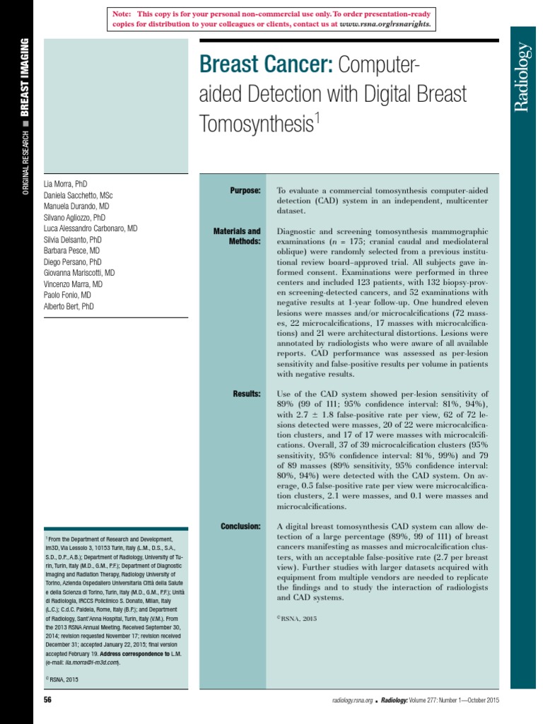 Breast Cancer Computer Aided Detection With Digital Breast Tomosynthesis Pdf Mammography