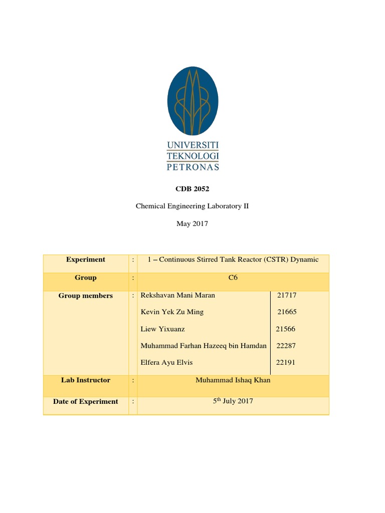 Experiment 1 Cstr Dynamics Pdf Molar Concentration Chemical Reactor
