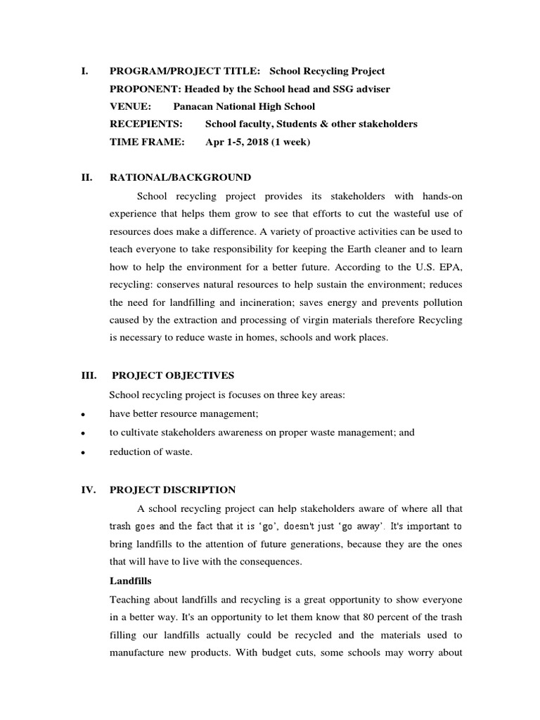 School Recycling Project PROPOSAL | PDF | Recycling | Environmental Issues