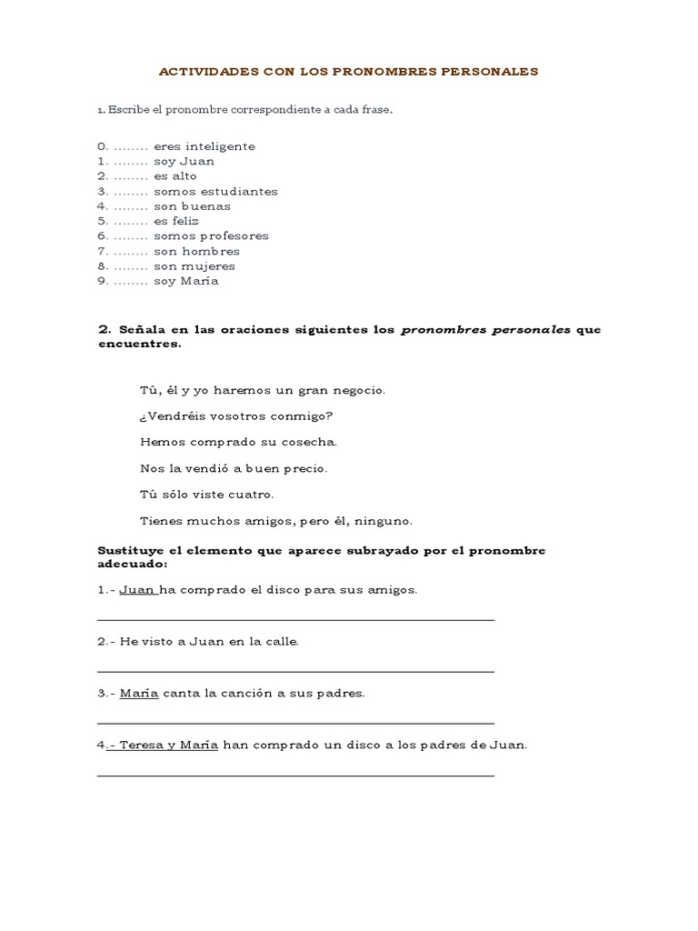Actividades Con Los Pronombres Personales | PDF | Hogar, jardinería y ...
