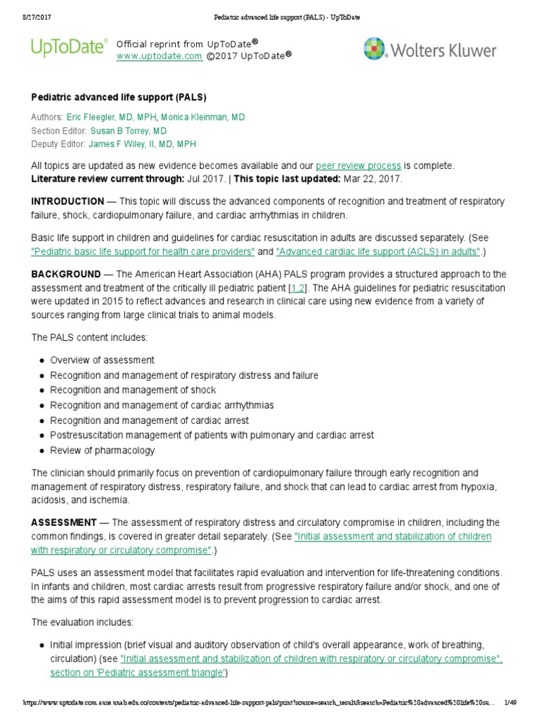 Pediatric Advanced Life Support (PALS) - UpToDate | PDF | Shock ...