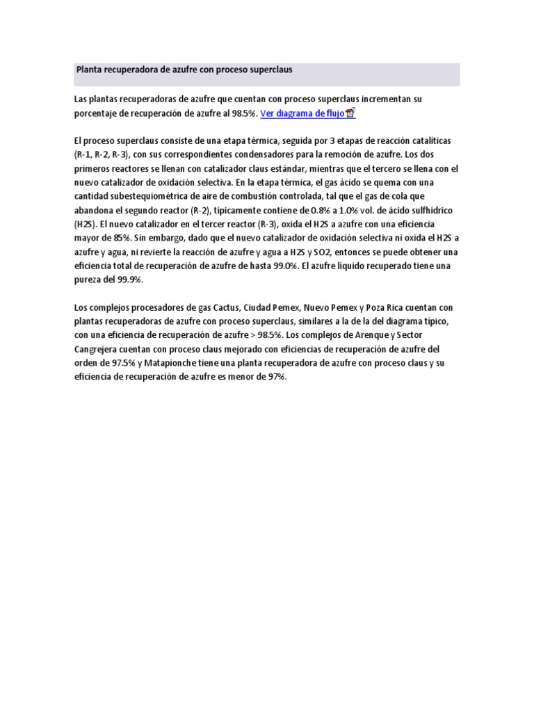 Planta Recuperadora de Azufre Con Proceso Superclaus | PDF | Hogar ...