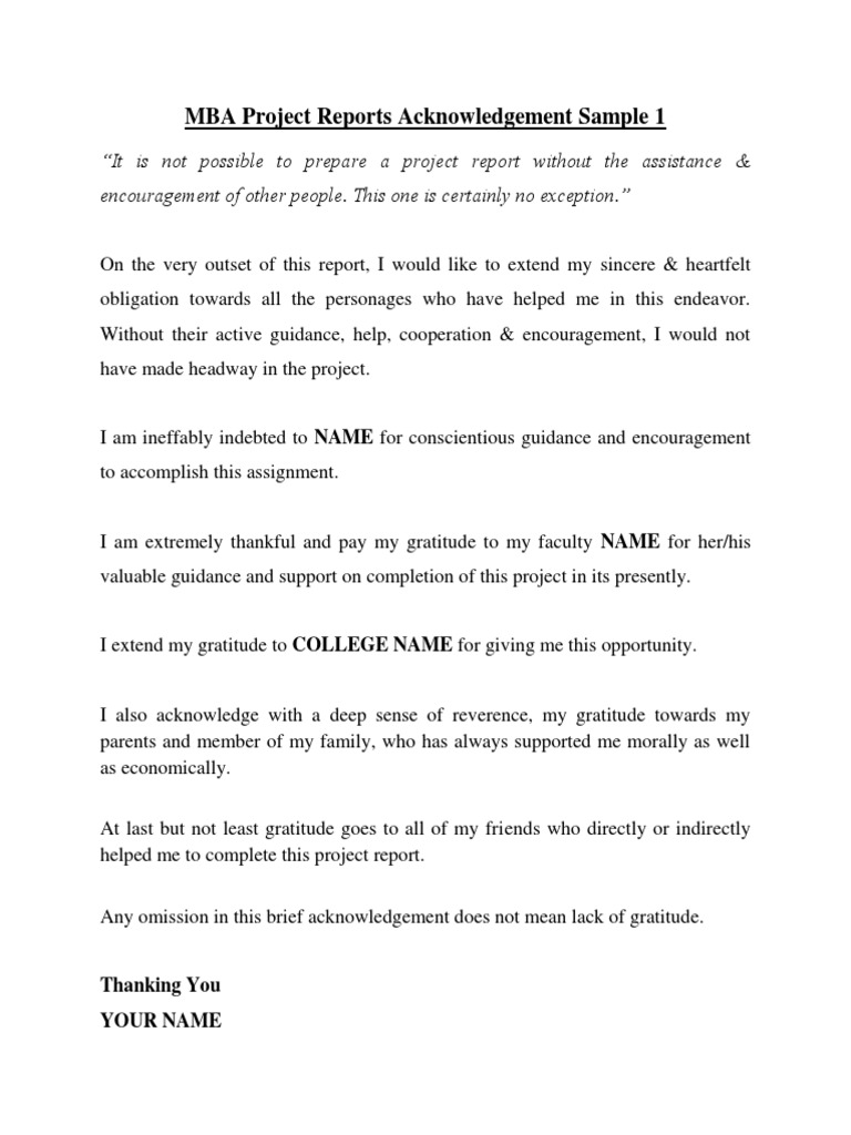 MBA Project Report Acknowledgement Sample | PDF