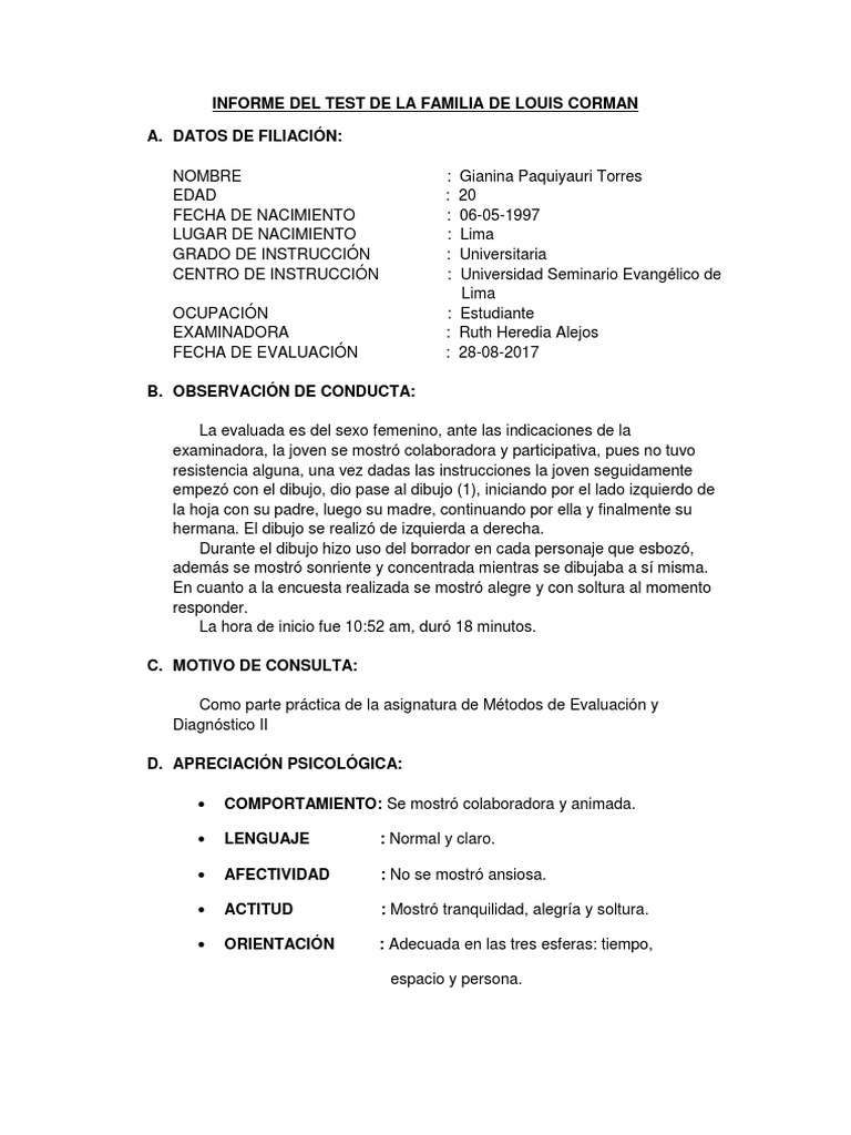 Informe Del Test de La Familia de Louis Corman | PDF | Dibujo ...