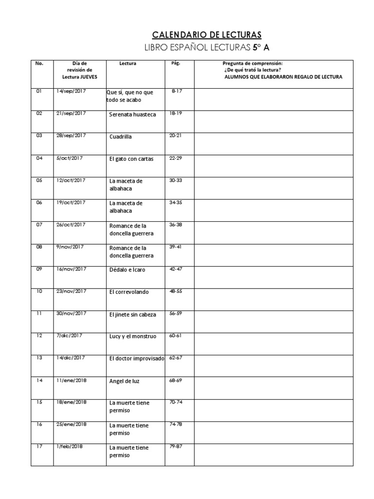 Calendario de Lecturas 5 A | PDF
