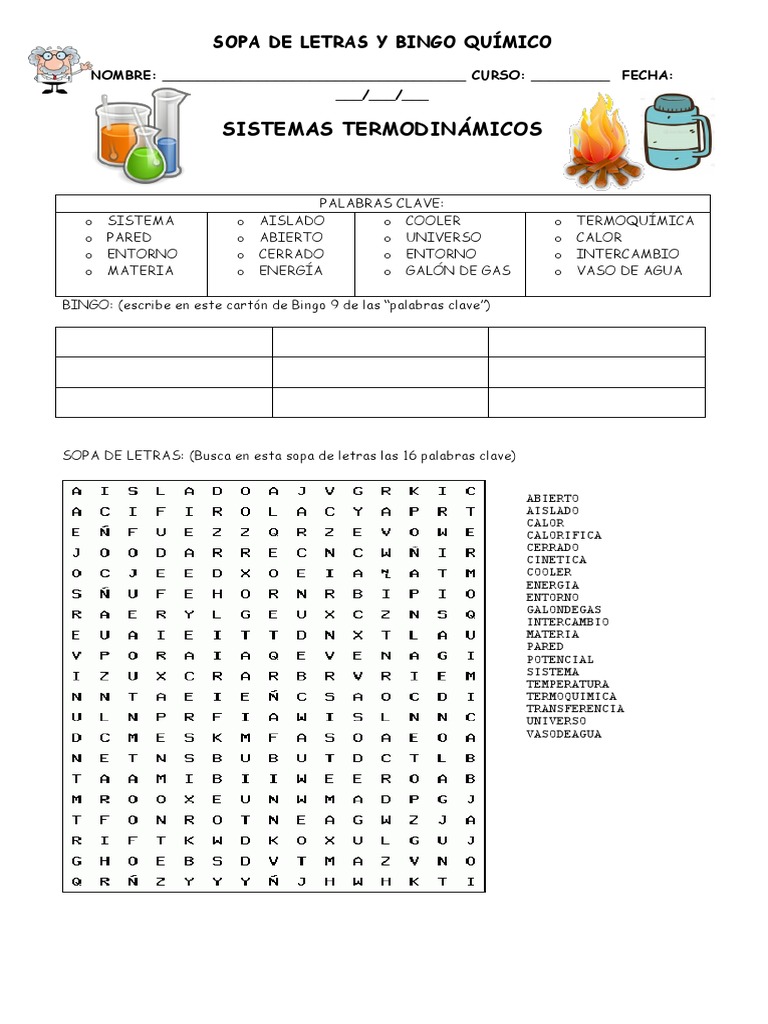 Sopa de Letras y Bingo Químico | Calor | Ramas de la termodinámica