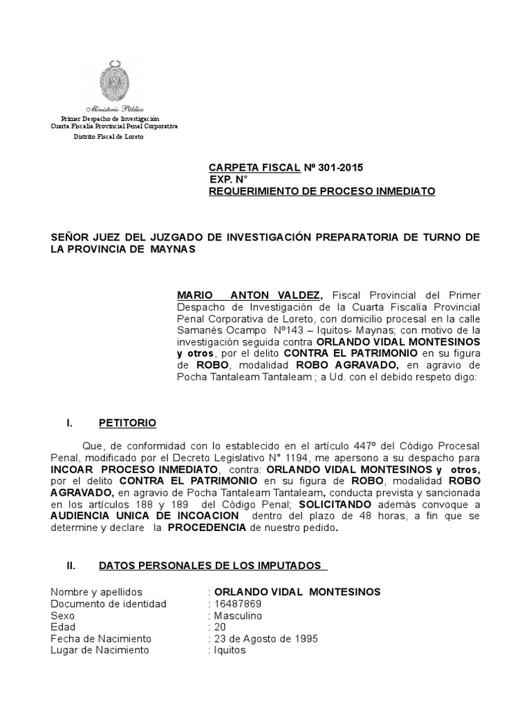 Modelo Req. Proceso Inmediato y Practica | PDF | Robo | Derecho penal