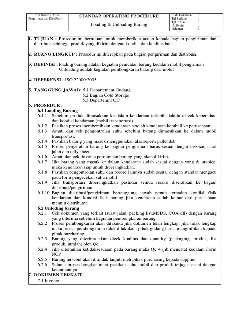 Sop Loading Unloading Barang Pdf