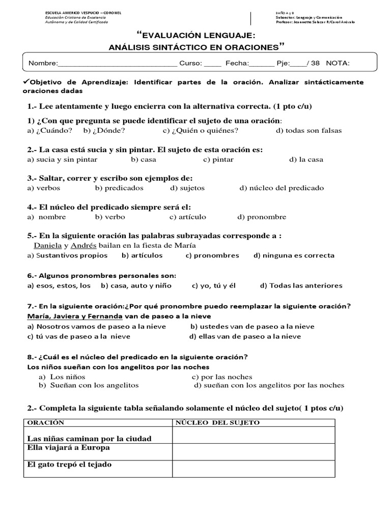 PRUEBA Tercero Partes de La Oración | Asunto (gramática) | Predicado ...