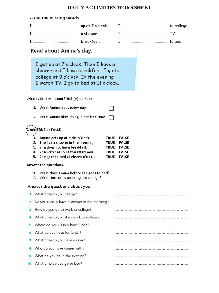 Daily Activities Worksheet for Students | PDF