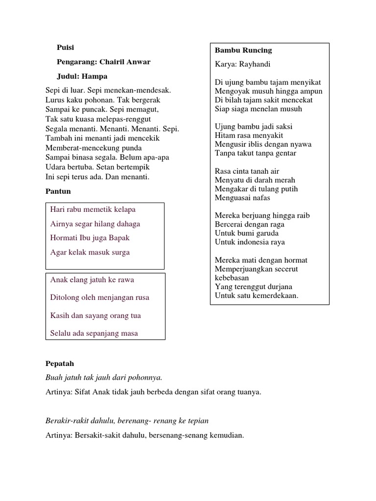 Puisi Pengarang: Chairil Anwar Judul: Hampa Bambu Runcing | PDF