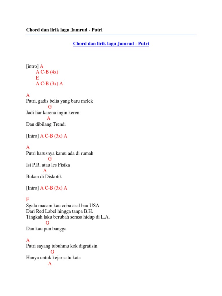 Chord Dan Lirik Lagu Jamrud - Putri | PDF