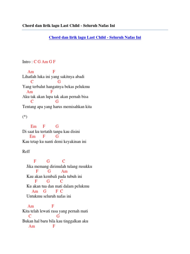 Chord Dan Lirik Lagu Last Child - Seluruh Nafas Ini | PDF