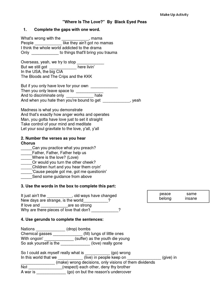 Where Is The Love - Song Worksheet | PDF