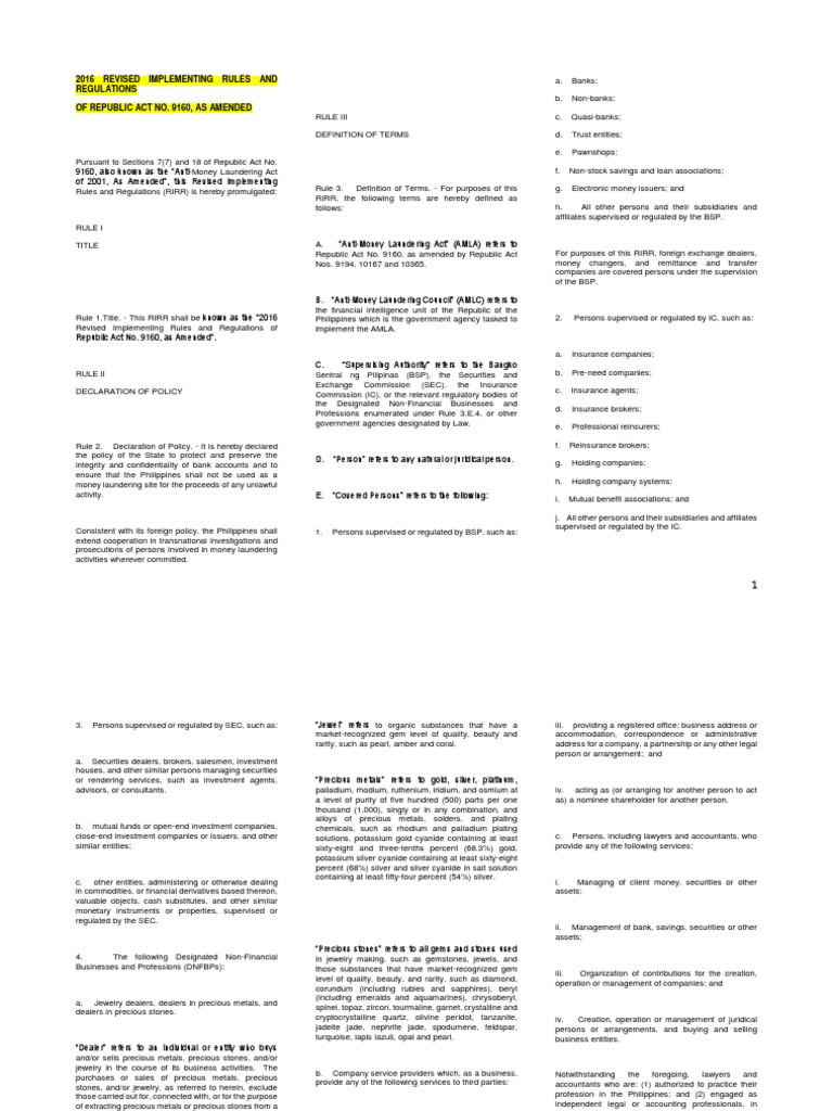 2016 Revised Implementing Rules and Regulations of Republic Act No. 9160, As Amended | PDF