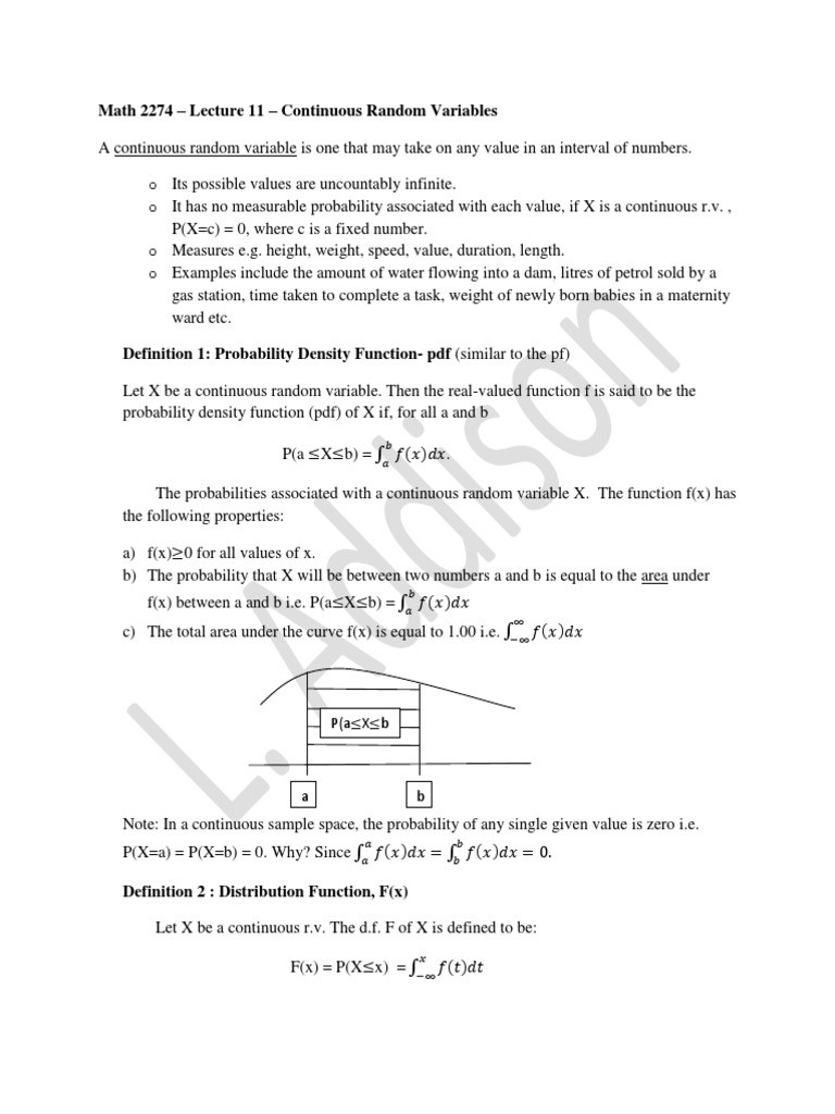 Math 2274 - Lecture 11 - Continuous Random Variables: P (A X B) | PDF | Random Variable ...