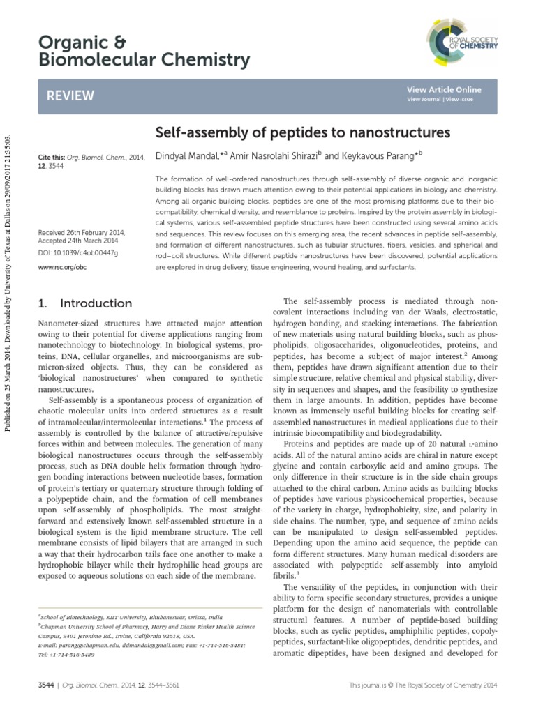 Organic & Biomolecular Chemistry: Self-Assembly of Peptides To ...