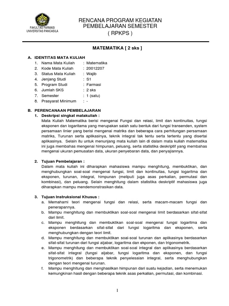 RPS Matematika Farmasi PDF | PDF