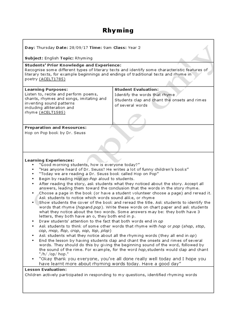 Hop On Pop Rhyming Lesson | PDF | Rhyme | Poetry