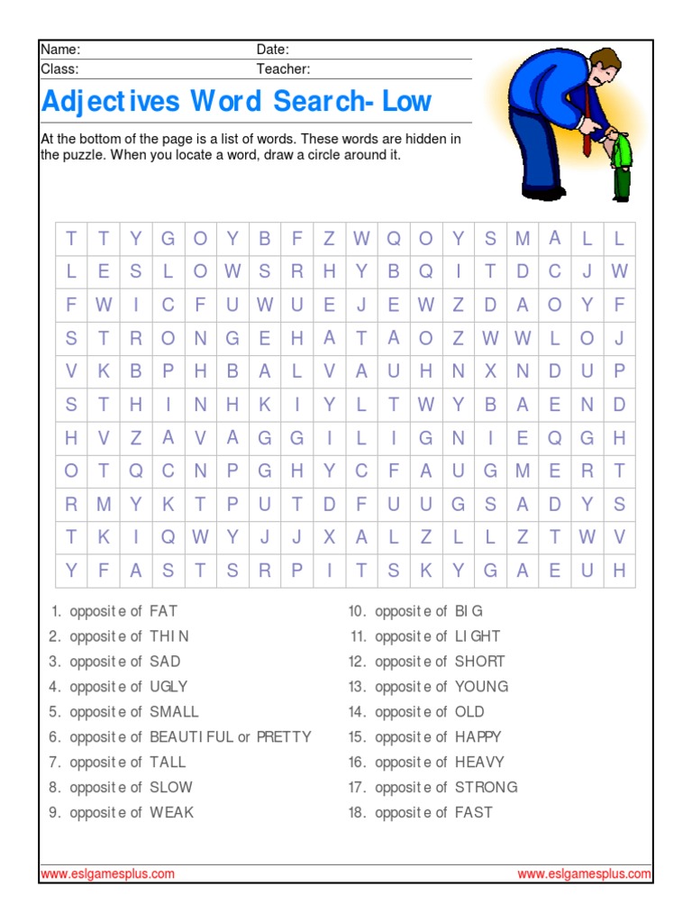 Opposite Adjectives Word Search | PDF | Linguistic Morphology | Syntax