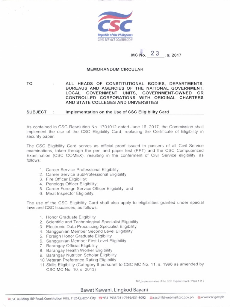 MC No. 23, S. 2017 - Implementation On The Use of CSC Eligibility Card ...