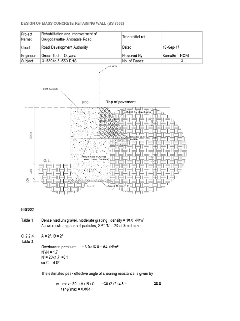 Design of Mass Concrete Retaining Wall (BS 8002) | PDF | Physics ...