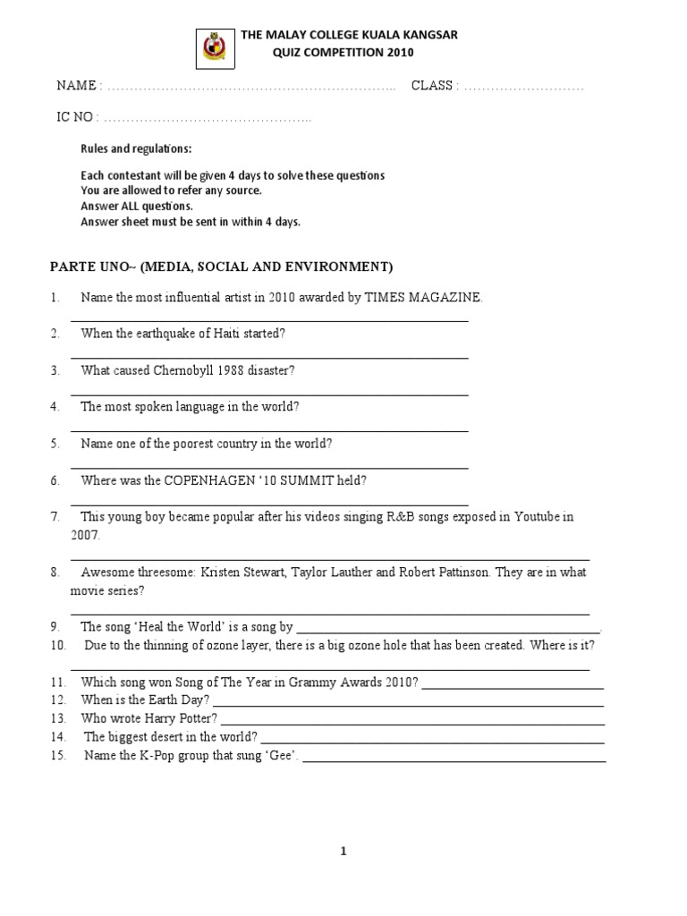 The Malay College Kuala Kangsar Quiz Competition 2010 | PDF