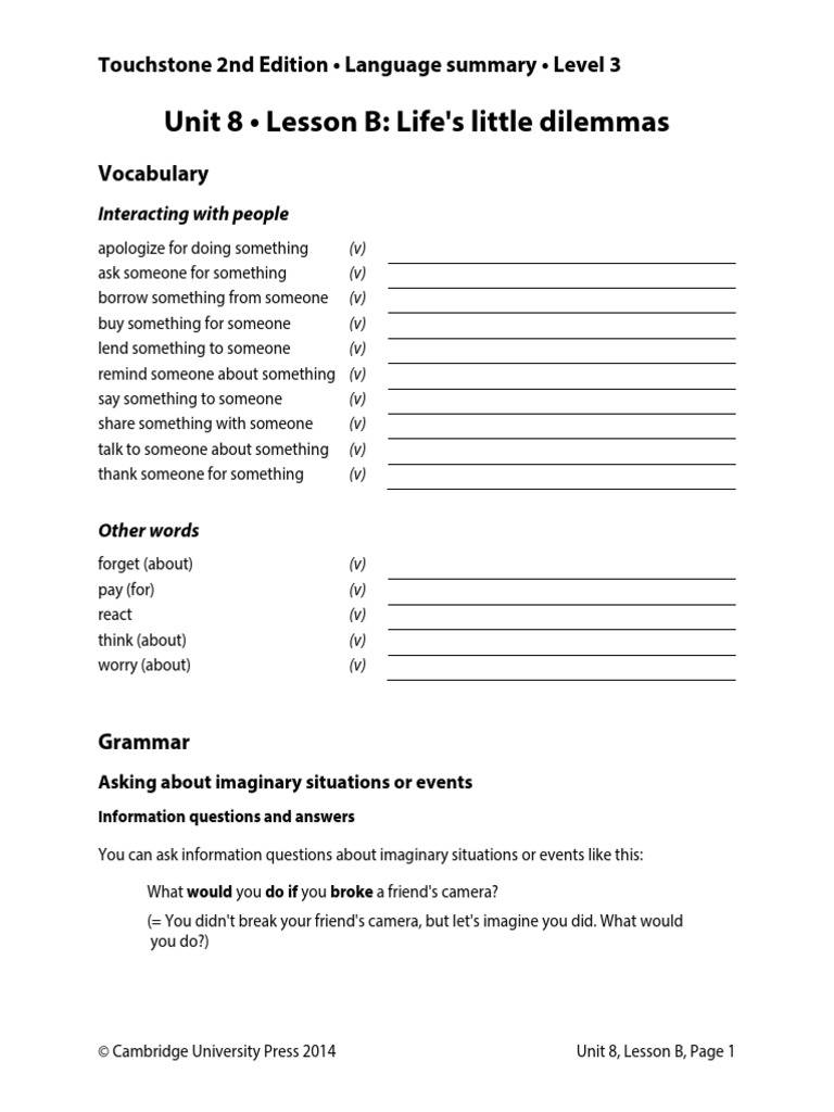 Unit 8 - Lesson B: Life's Little Dilemmas: Touchstone 2nd Edition - Language Summary - Level 3 | PDF