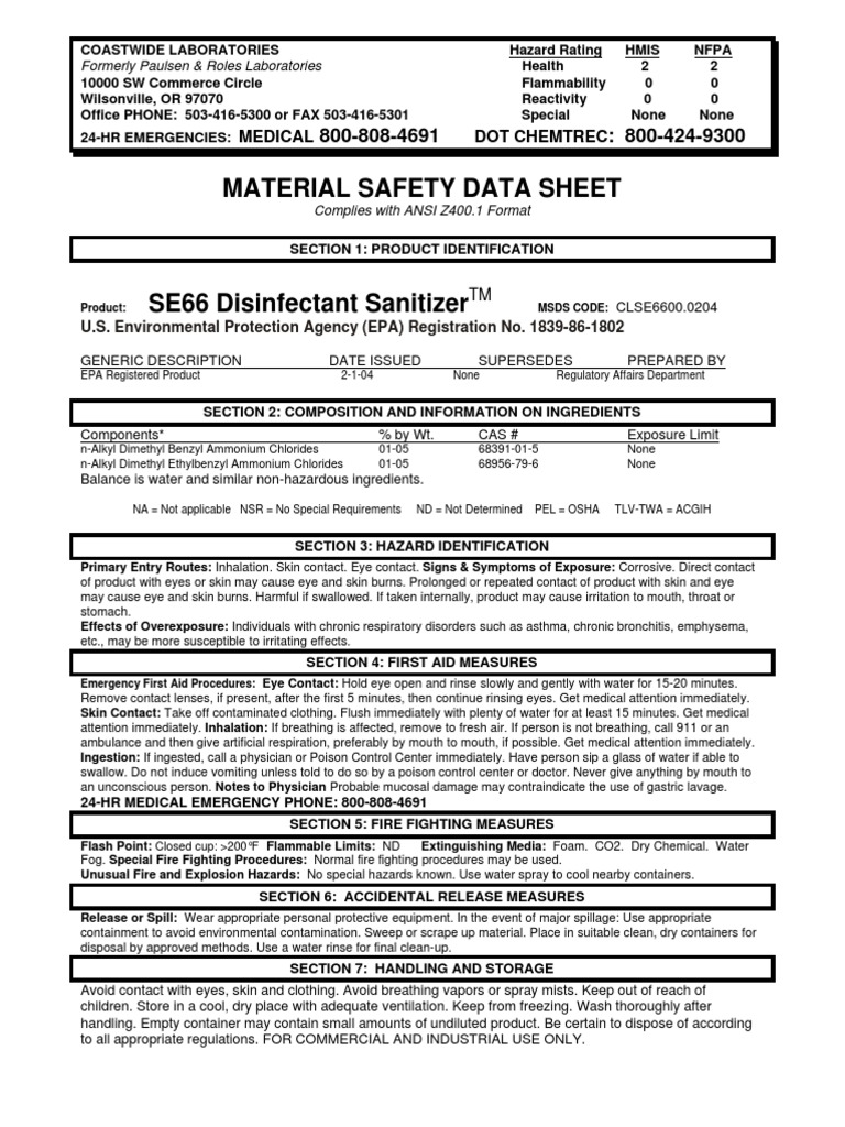 SE66 Disinfectant Sanitizer MSDS | PDF | Self-Improvement | Wellness