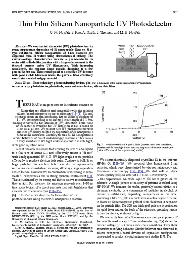 Thin Film Silicon Nanoparticle UV Photodetector: O. M. Nayfeh, S. Rao ...