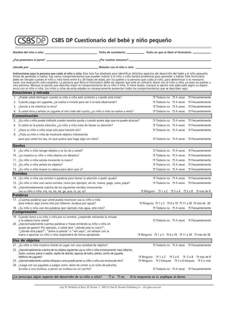 CSBS DP Cuestionario Del Bebe y Nino Pequeno PDF | PDF